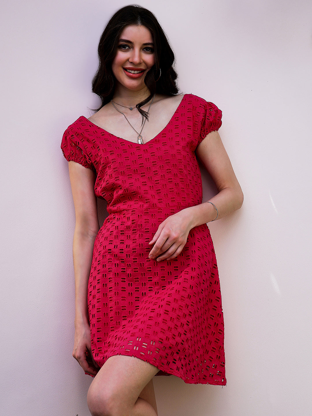 Athena Red V-Neck Puff Sleeves Schiffli Cotton Mini Fit and Flare Dres ...