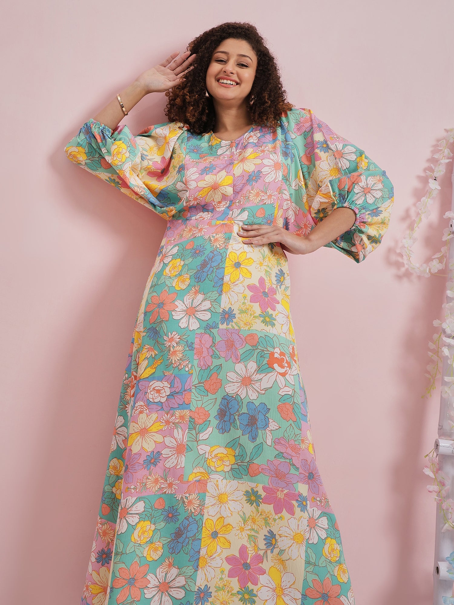 Athena Floral Printed Round Neck Three-Quarter Sleeves Flutter Sleeve ...