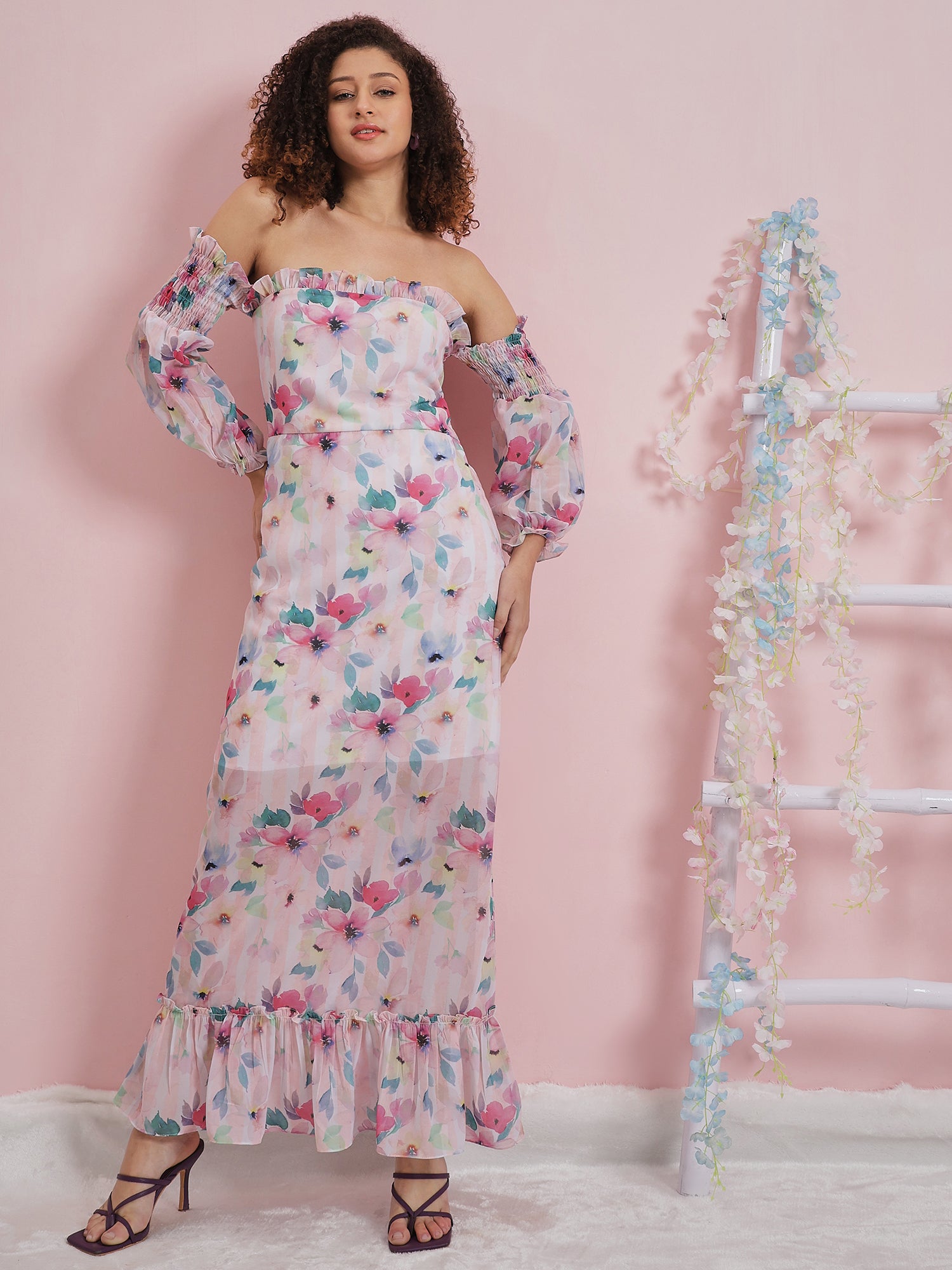 Athena Floral Printed Off-Shoulder Georgette Maxi Dress – Athena Lifestyle