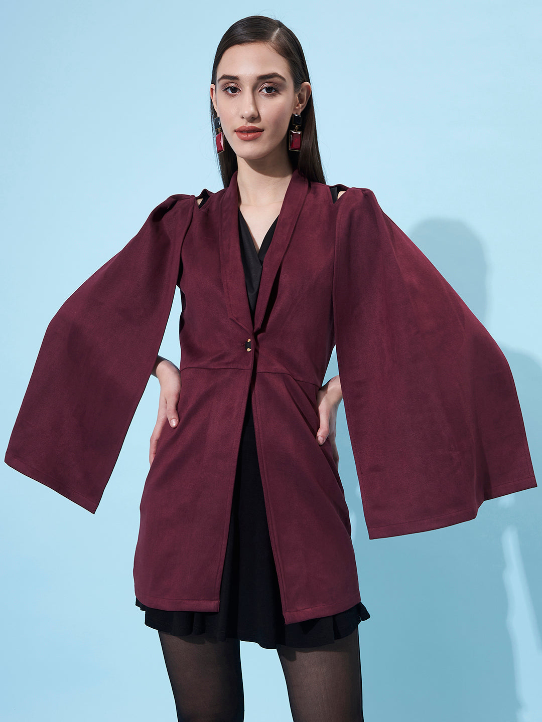 Athena Women Burgundy Shawl Collar Shoulder Cut Out Coat – Athena Lifestyle