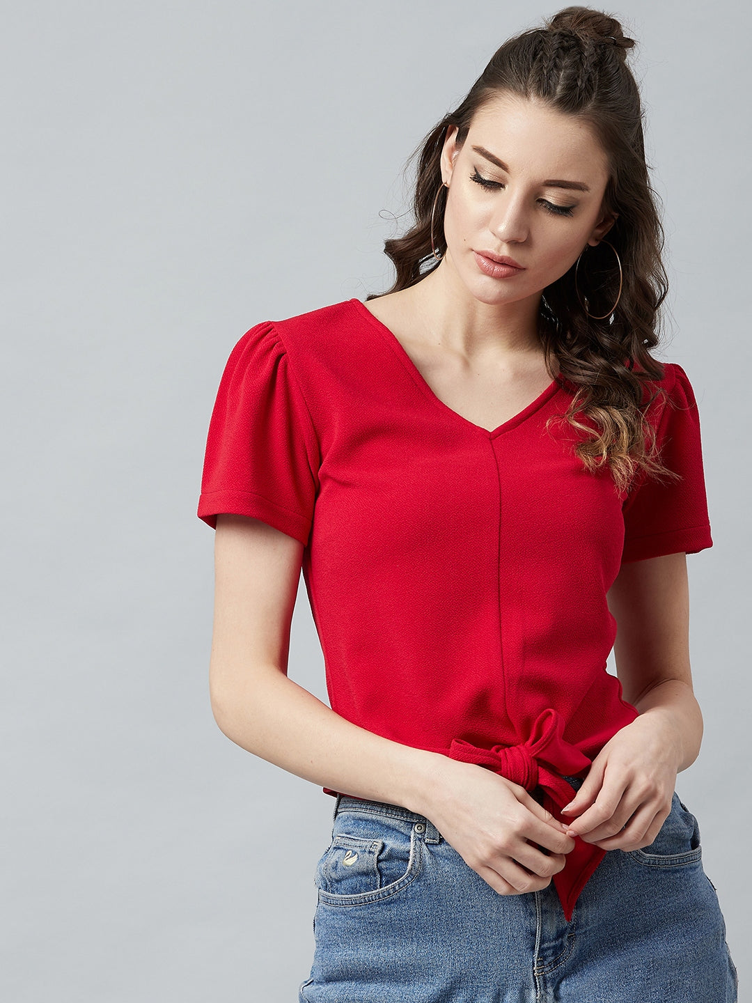 Athena Red Knotted Top With Puff Sleeves – Athena Lifestyle